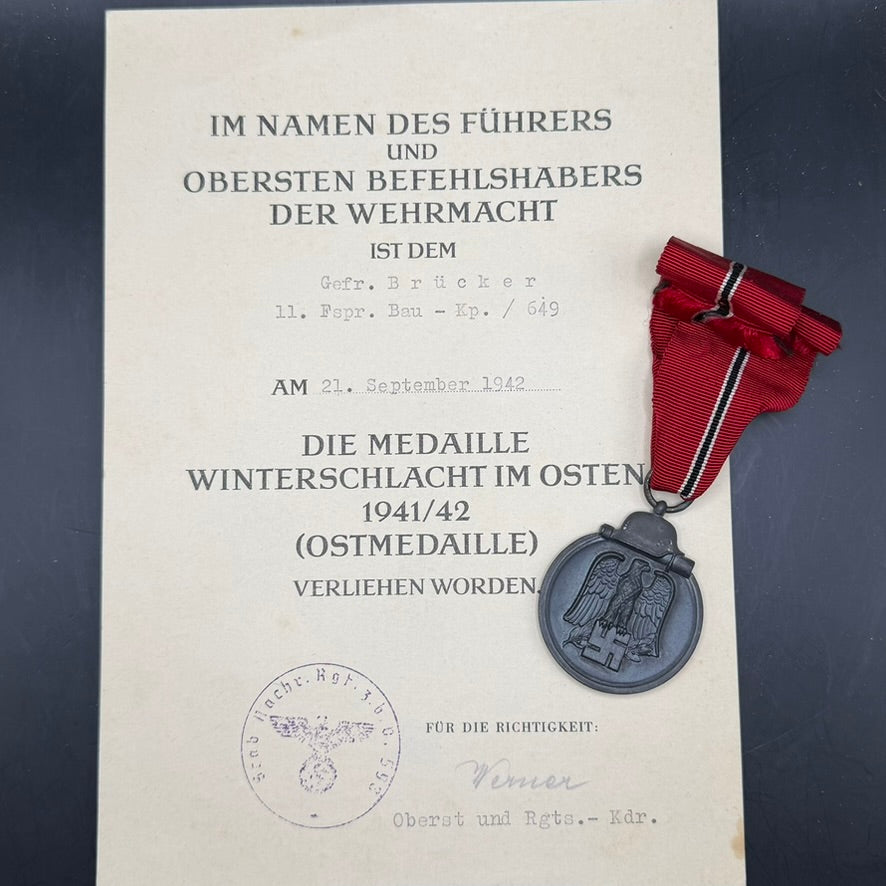 WWII German Eastern Front Medal (Ostmedaille) with Award Document make ...